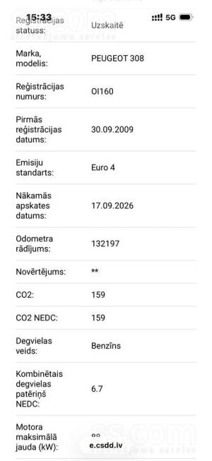 Пежо 308 2009 в Айзкраукле, объемом двигателя 1.60 л и пробегом 0 тыс. км за 2850 €, фото 15 на AUTOMOTO.COM.LV