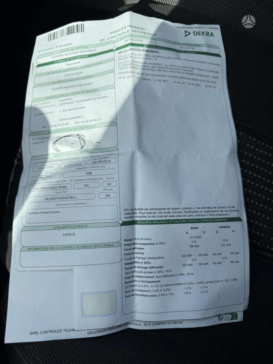 Белый Пежо 308 2016 в Таураге, объемом двигателя 1.20 л и пробегом 146 тыс. км за 5800 €, фото 36 на AUTOMOTO.COM.LV