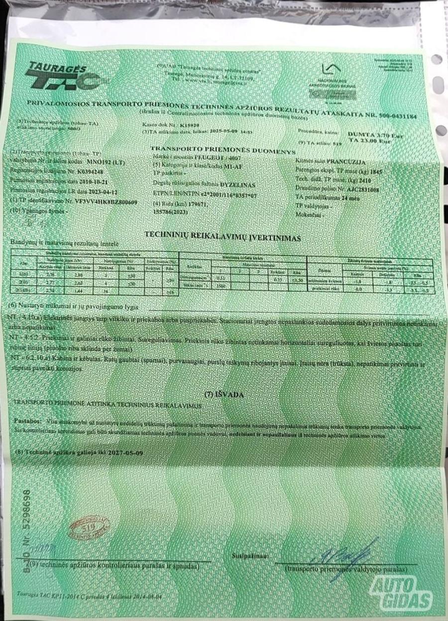 Пежо 4007 2010 в Шяуляй, объемом двигателя 2.20 л и пробегом 186 тыс. км за 4500 €, фото 3 на AUTOMOTO.COM.LV