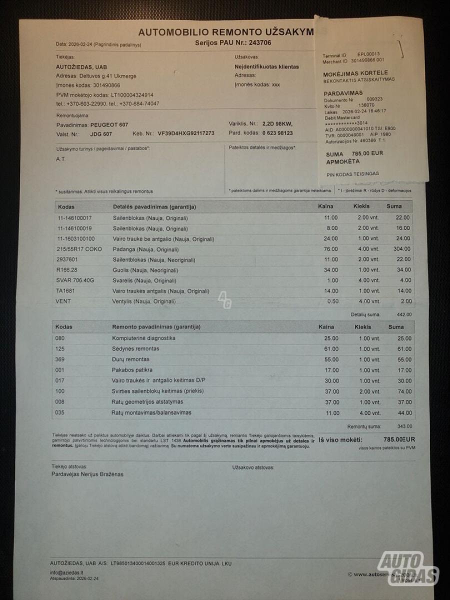 Blue Peugeot 607 2004 in Ukmerge, with an engine capacity of 2.20 L and mileage of 323 thousand km for 2000 €, photo 27 on AUTOMOTO.COM.LV