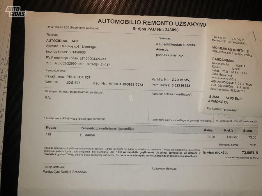 Blue Peugeot 607 2004 in Ukmerge, with an engine capacity of 2.20 L and mileage of 323 thousand km for 2000 €, photo 31 on AUTOMOTO.COM.LV