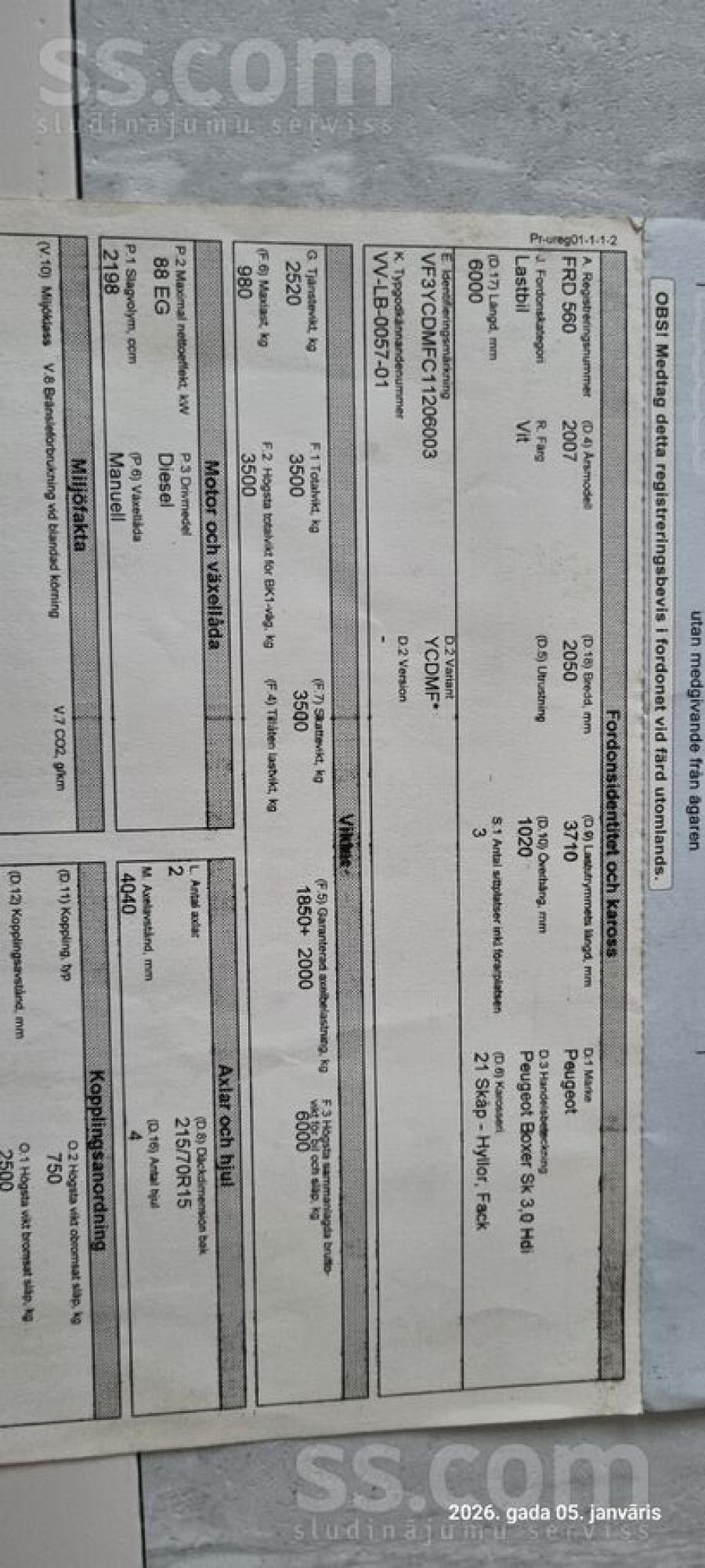 Balts Peugeot Boxer 2007 Cēsis, ar dzinēja tilpumu 2.20 L un nobraukumu 394 tūkst. km par 2500 €, foto 5 vietnē AUTOMOTO.COM.LV