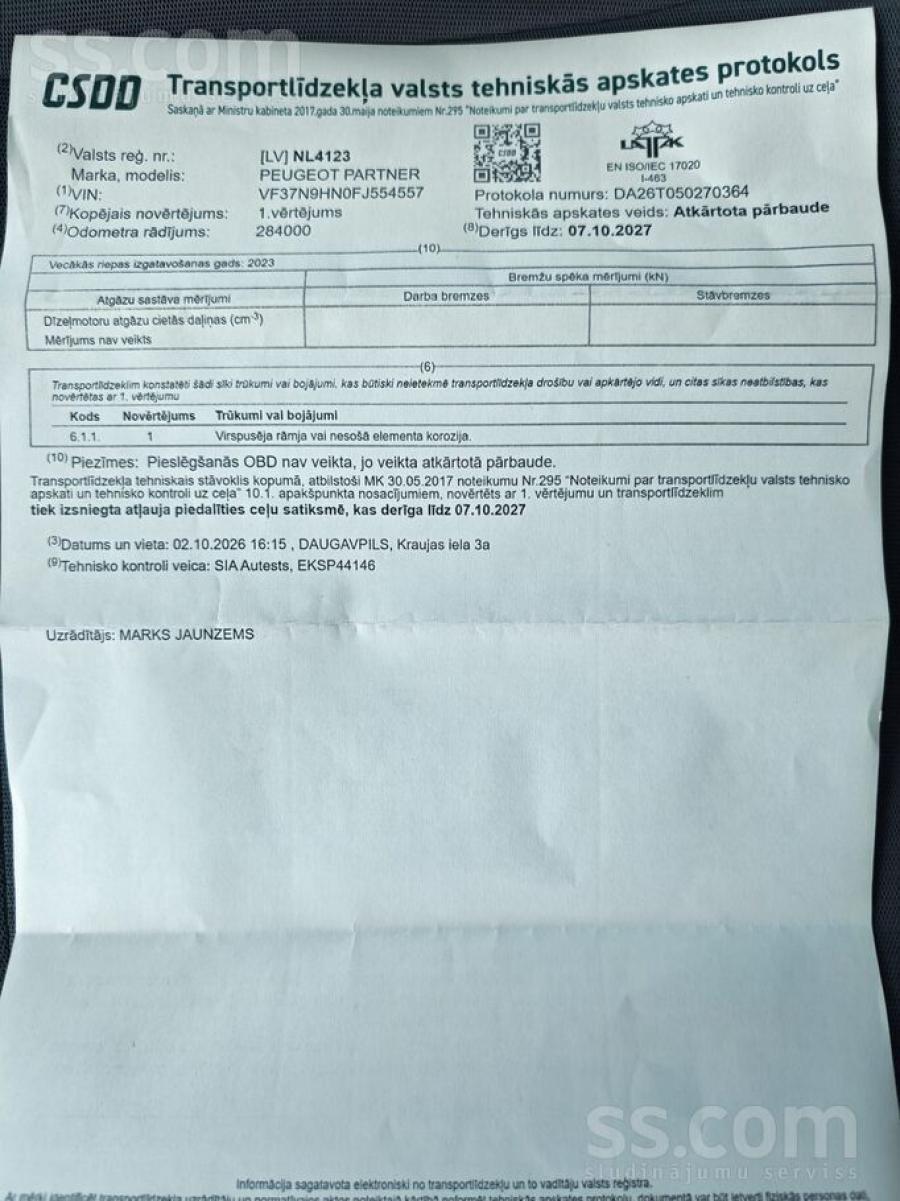 Grey Peugeot Partner 2015 in Daugavpils, with an engine capacity of 1.60 L and mileage of 285 thousand km for 3650 €, photo 13 on AUTOMOTO.COM.LV