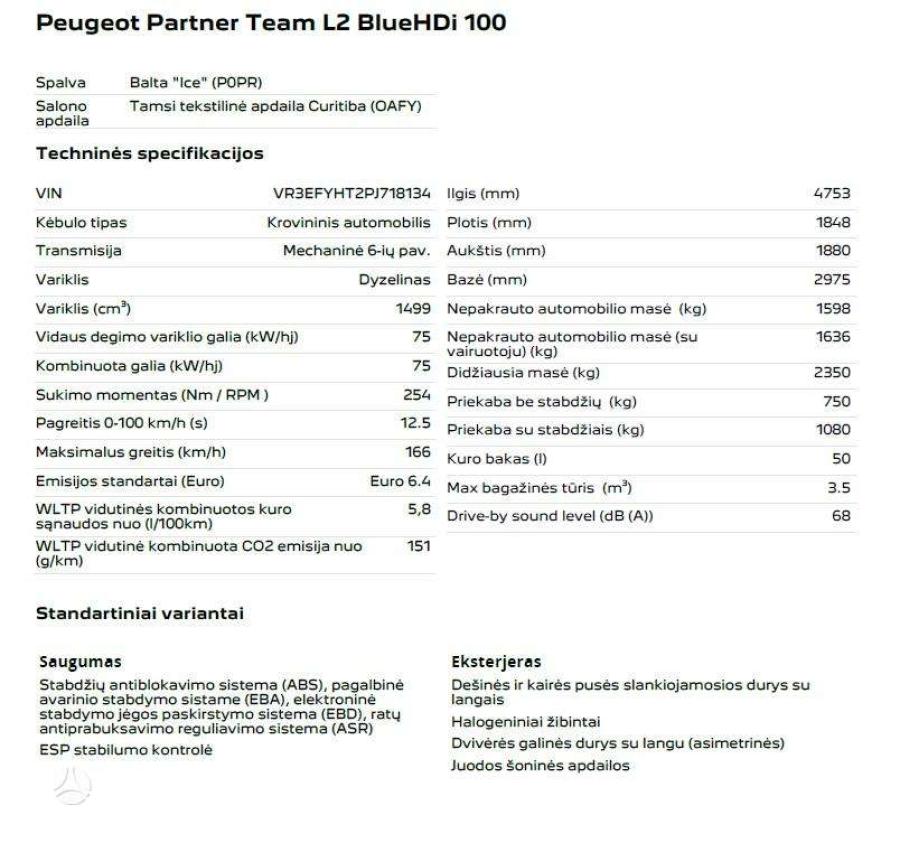 White Peugeot Partner 2023 in Vilnius, with an engine capacity of 1.50 L and mileage of 76 thousand km for 14800 €, photo 18 on AUTOMOTO.COM.LV