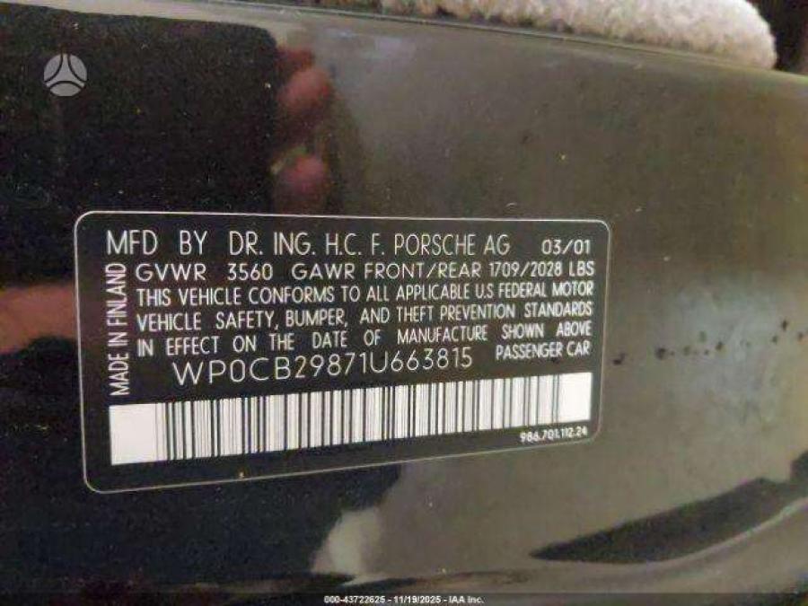Черный Порше Бокстер 2001 в Клайпеда, объемом двигателя 3.18 л и пробегом 86 тыс. км за 4600 €, фото 9 на AUTOMOTO.COM.LV