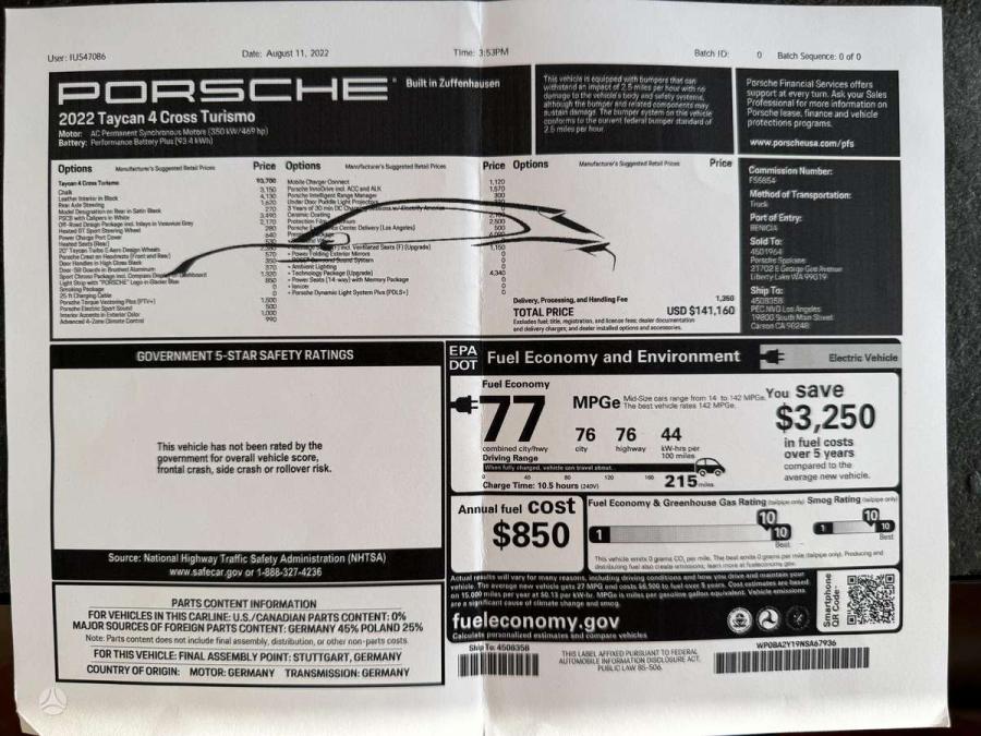Grey Porsche Taycan 2022 in Kaunas, with an engine capacity of 0.00 L and mileage of 41 thousand km for 67000 €, photo 23 on AUTOMOTO.COM.LV