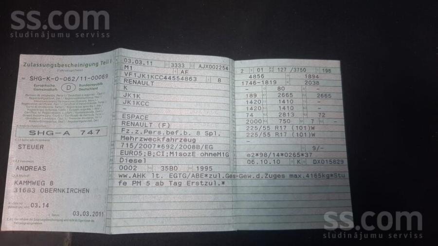 Черный Рено Эспейс 2011 в Бауска, объемом двигателя 2.00 л и пробегом 401 тыс. км за 3650 €, фото 20 на AUTOMOTO.COM.LV