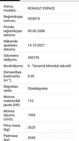 Серый Рено Гранд Эспейс 2008 в Рига, объемом двигателя 2.00 л и пробегом 201 тыс. км за 4450 €, фото 26 на AUTOMOTO.COM.LV