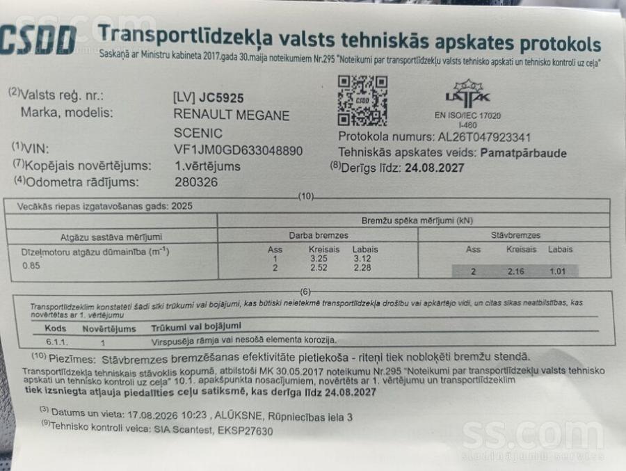 Zaļš Renault Grand Scenic 2005 Alūksne, ar dzinēja tilpumu 1.90 L un nobraukumu 280 tūkst. km par 1100 €, foto 5 vietnē AUTOMOTO.COM.LV
