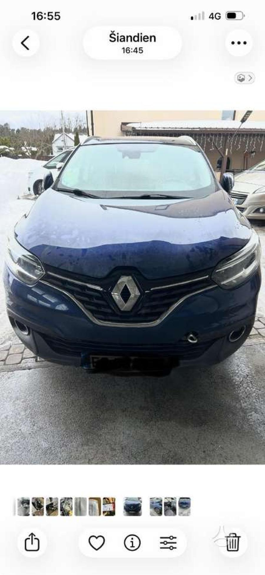 Blue Renault Kadjar 2017 in Taurage, with an engine capacity of 1.50 L and mileage of 200 thousand km for 6300 €, photo 1 on AUTOMOTO.COM.LV