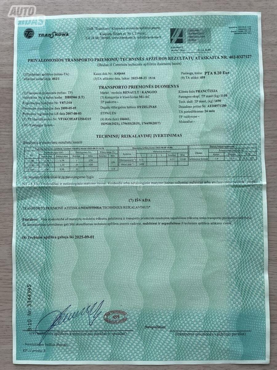 Grey Renault Kangoo 2000 in Silute, with an engine capacity of 1.90 L and mileage of 190 thousand km for 940 €, photo 8 on AUTOMOTO.COM.LV