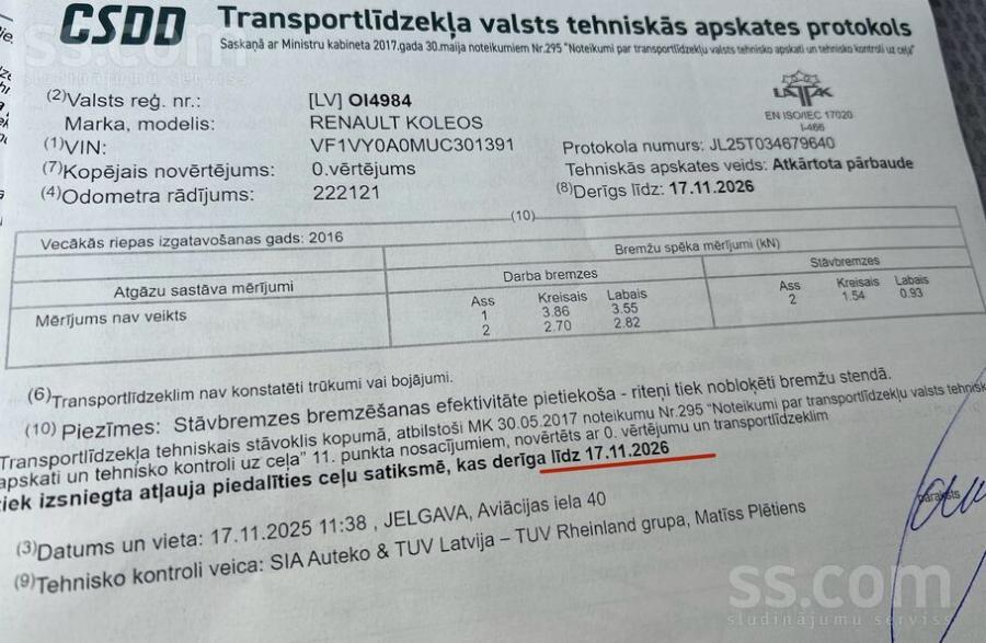 Black Renault Koleos 2010 in Jelgava, with an engine capacity of 2.00 L and mileage of 222 thousand km for 5150 €, photo 35 on AUTOMOTO.COM.LV