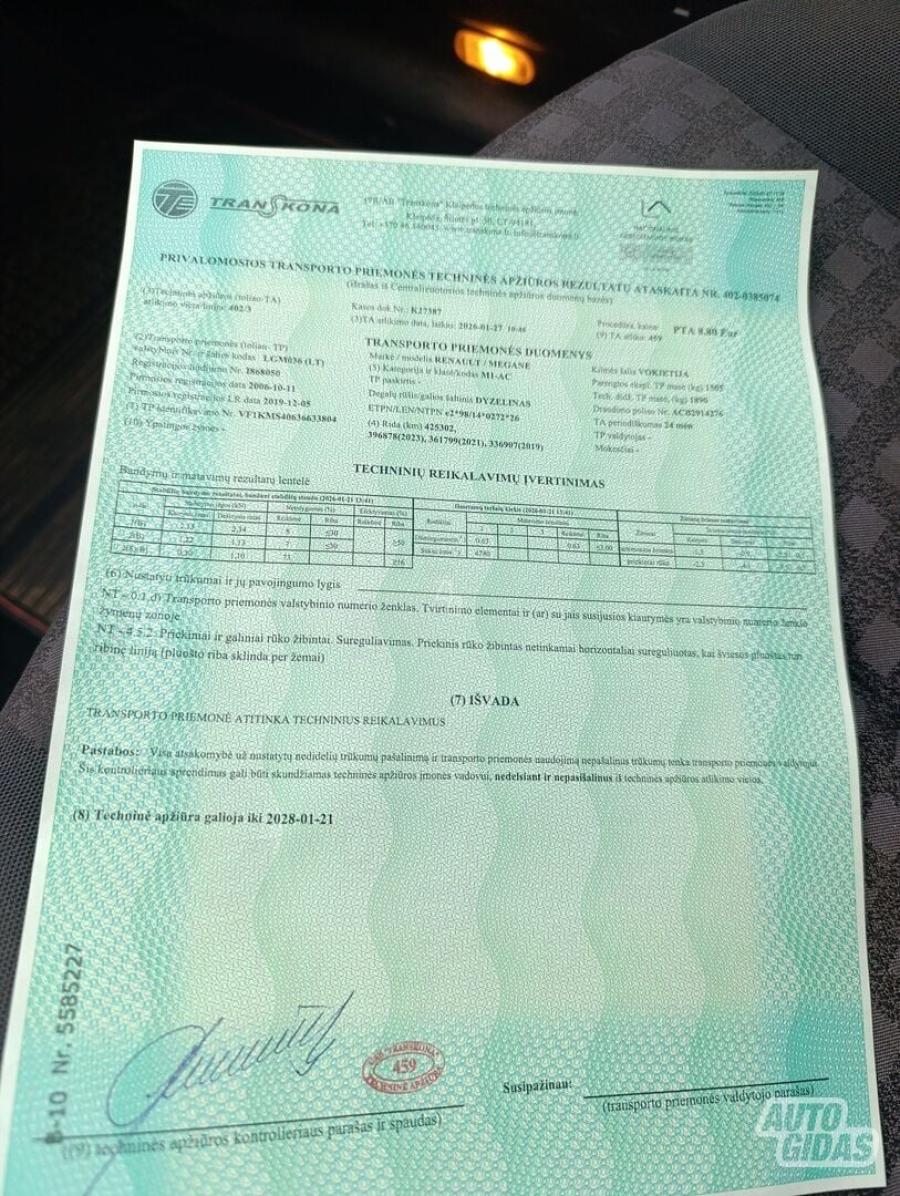 Blue Renault Megane 2006 in Klaipeda, with an engine capacity of 1.90 L and mileage of 425 thousand km for 1100 €, photo 12 on AUTOMOTO.COM.LV