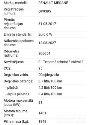 Balts Renault Megane 2017 Rīga, ar dzinēja tilpumu 1.50 L un nobraukumu 207 tūkst. km par 6750 €, foto 11 vietnē AUTOMOTO.COM.LV