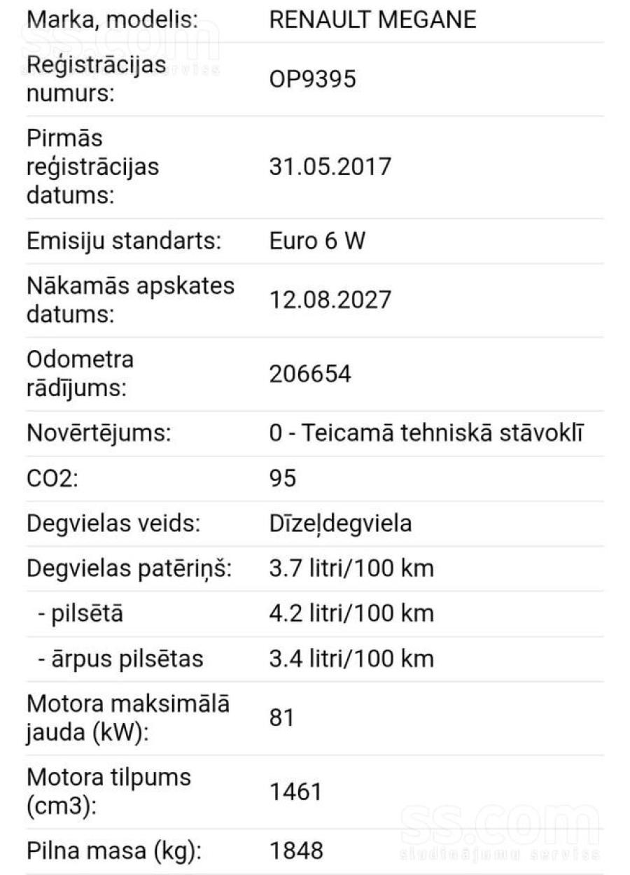 Balts Renault Megane 2017 Rīga, ar dzinēja tilpumu 1.50 L un nobraukumu 207 tūkst. km par 6750 €, foto 11 vietnē AUTOMOTO.COM.LV