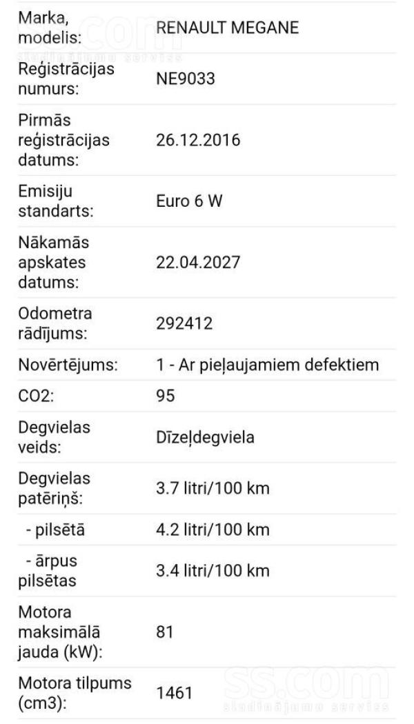 Balts Renault Megane 2016 Jēkabpils, ar dzinēja tilpumu 1.50 L un nobraukumu 292 tūkst. km par 5150 €, foto 9 vietnē AUTOMOTO.COM.LV