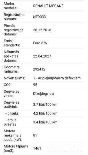 White Renault Megane 2016 in Jekabpils, with an engine capacity of 1.50 L and mileage of 292 thousand km for 5150 €, photo 10 on AUTOMOTO.COM.LV