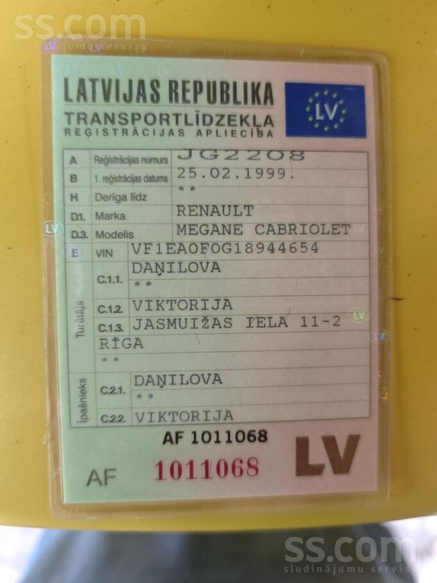 Желтый Рено Меган 1999 в Рига, объемом двигателя 1.60 л и пробегом 140 тыс. км за 3300 €, фото 8 на AUTOMOTO.COM.LV