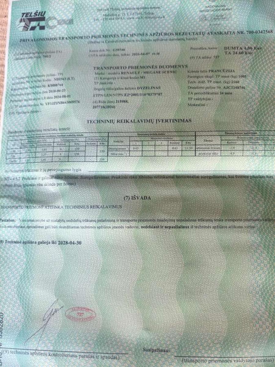 Серый Рено Сценик 2010 в Тельшяй, объемом двигателя 1.87 л и пробегом 216 тыс. км за 3400 €, фото 10 на AUTOMOTO.COM.LV