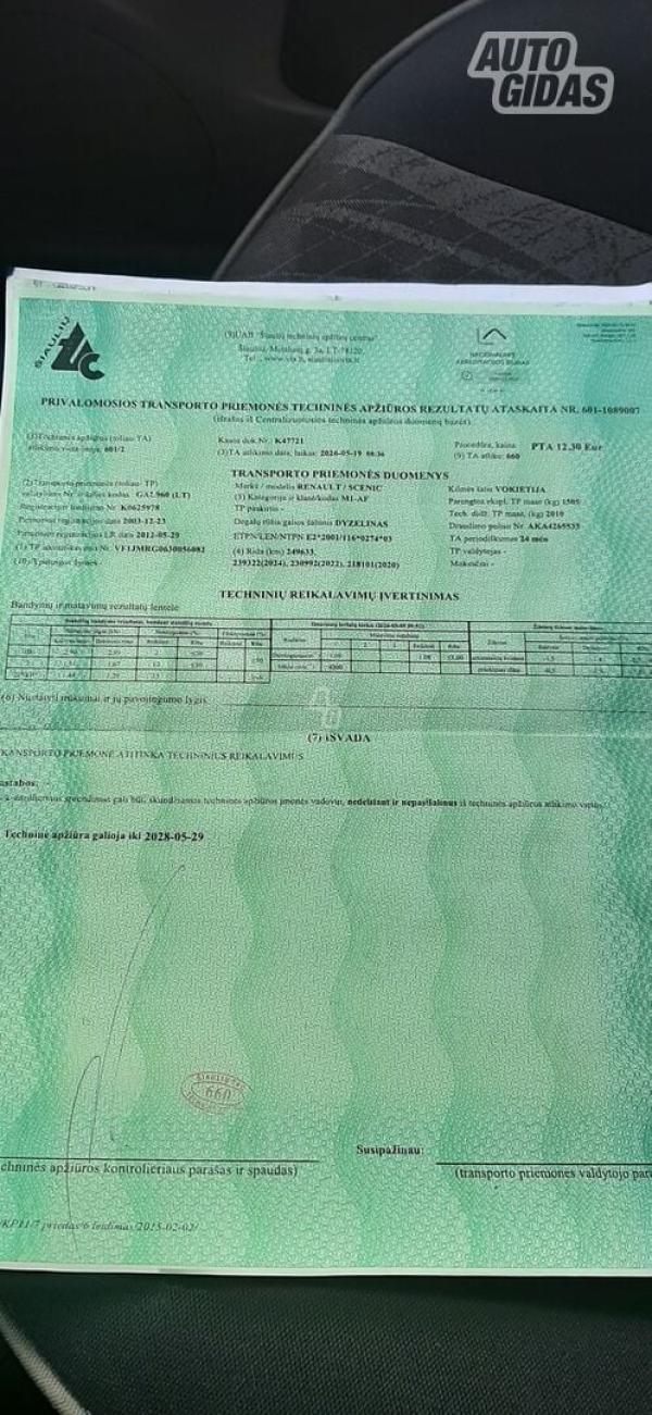 Рено Сценик 2003 в Шяуляй, объемом двигателя 1.90 л и пробегом 254 тыс. км за 650 €, фото 9 на AUTOMOTO.COM.LV