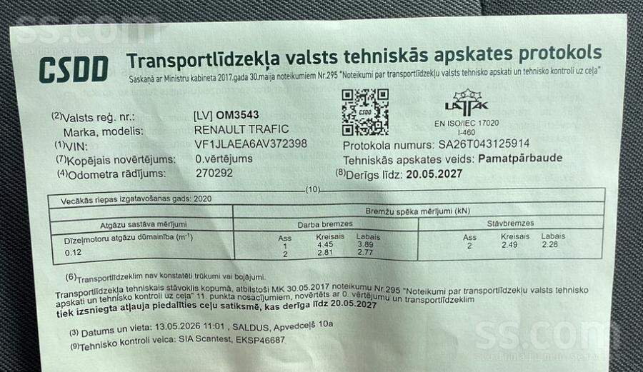White Renault Trafic 2010 in Dobele, with an engine capacity of 2.00 L and mileage of 270 thousand km for 7990 €, photo 18 on AUTOMOTO.COM.LV