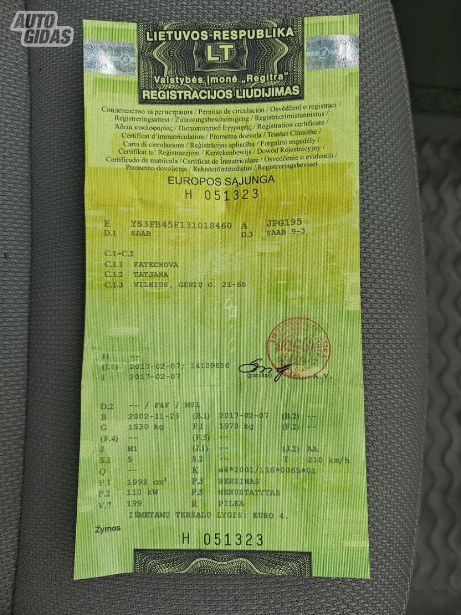 Pelēks Saab 9-3 2002 Viļņa, ar dzinēja tilpumu 2.00 L un nobraukumu 289 tūkst. km par 950 €, foto 13 vietnē AUTOMOTO.COM.LV