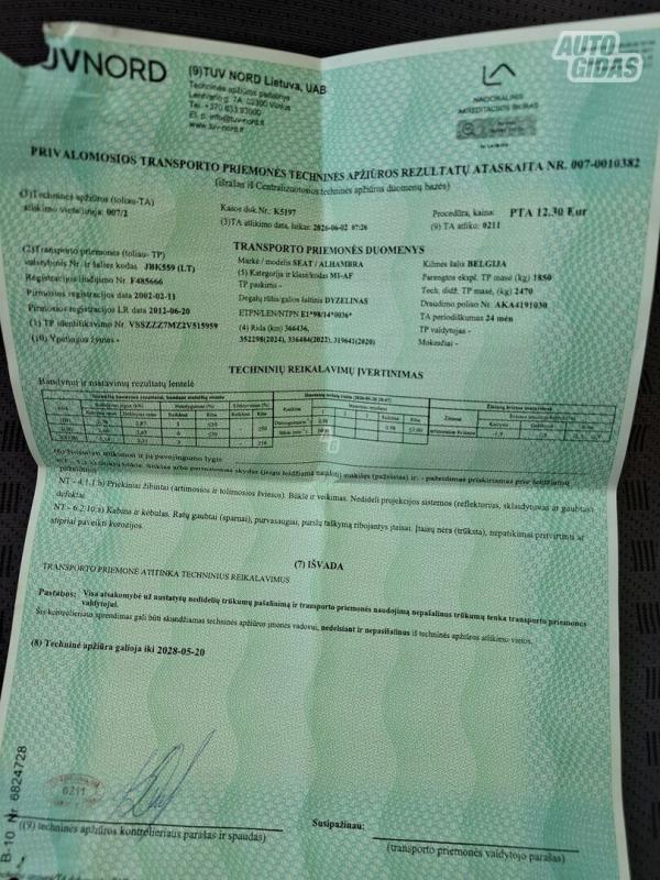 Серый Сеат Альхамбра 2002 в Вильнюс, объемом двигателя 1.90 л и пробегом 367 тыс. км за 2000 €, фото 9 на AUTOMOTO.COM.LV