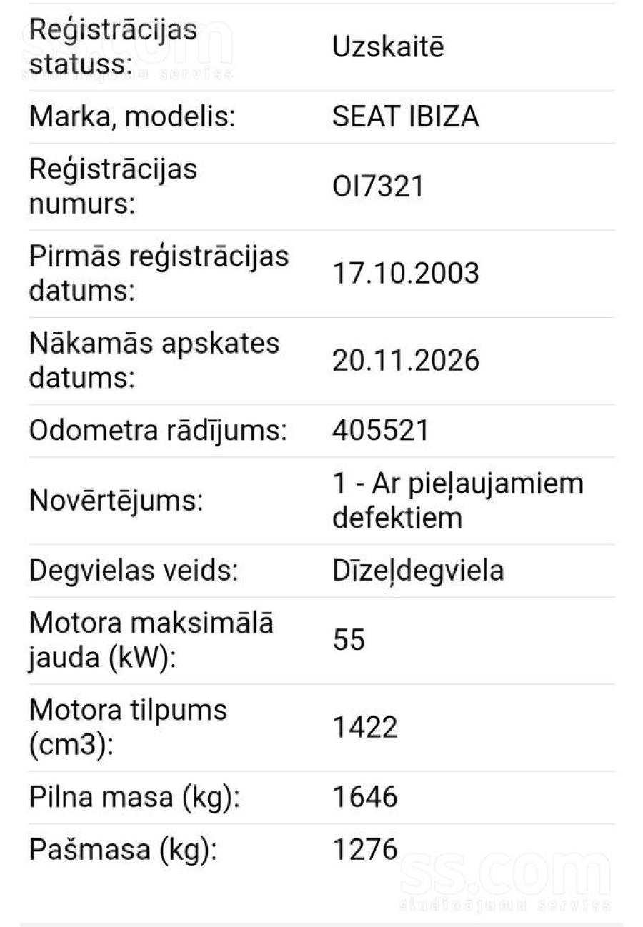 SEAT Ibiza 2003 in Jekabpils, with an engine capacity of 1.40 L and mileage of 405 thousand km for 1250 €, photo 16 on AUTOMOTO.COM.LV