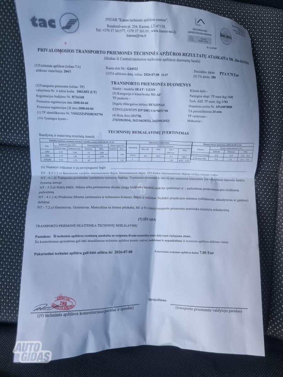 Красный Сеат Леон 2008 в Каунас, объемом двигателя 1.60 л и пробегом 331 тыс. км за 850 €, фото 18 на AUTOMOTO.COM.LV