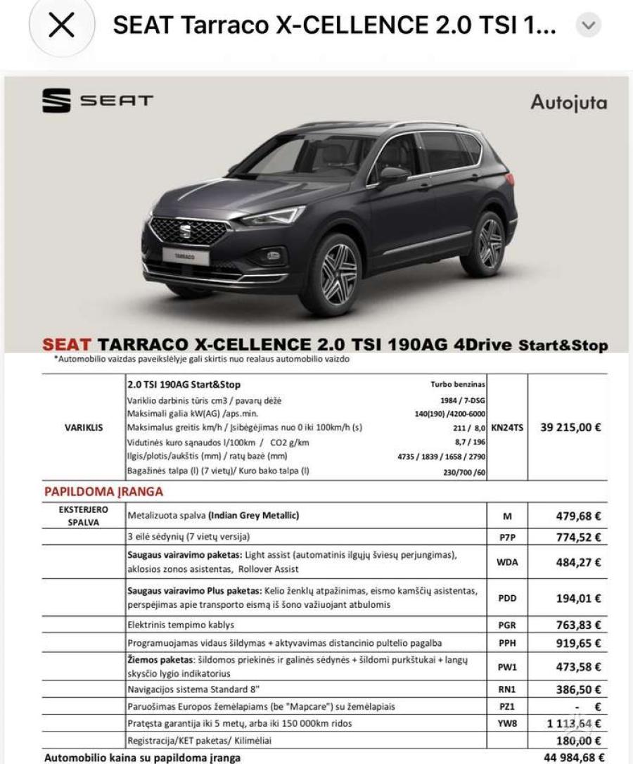 Серый Сеат Tarraco 2019 в Вильнюс, объемом двигателя 1.98 л и пробегом 99 тыс. км за 23800 €, фото 45 на AUTOMOTO.COM.LV