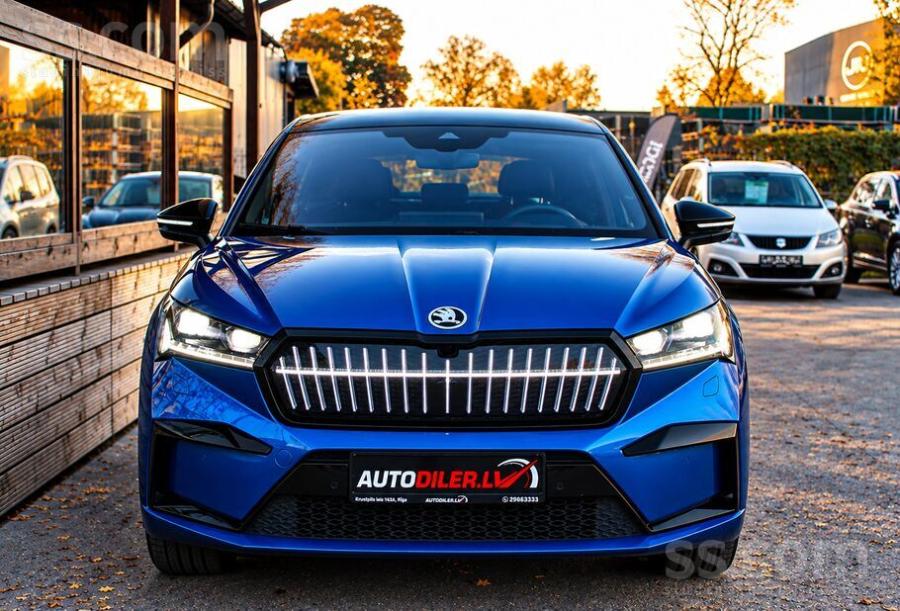 Blue Skoda Enyaq iV 2023 in Riga, with an engine capacity of 0.00 L and mileage of 0 thousand km for 29900 €, photo 7 on AUTOMOTO.COM.LV