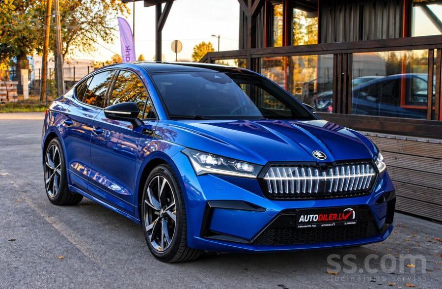 Blue Skoda Enyaq iV 2023 in Riga, with an engine capacity of 0.00 L and mileage of 0 thousand km for 29900 €, photo 8 on AUTOMOTO.COM.LV