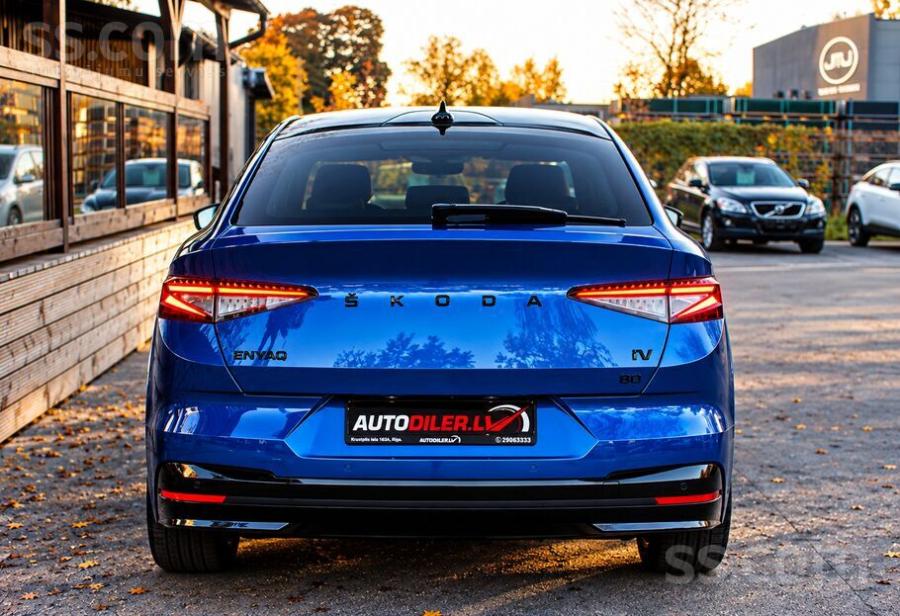 Blue Skoda Enyaq iV 2023 in Riga, with an engine capacity of 0.00 L and mileage of 0 thousand km for 29900 €, photo 10 on AUTOMOTO.COM.LV