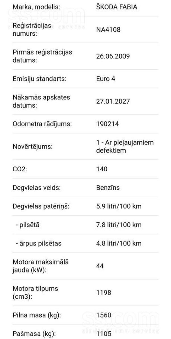Melns Skoda Fabia 2009 Jēkabpils, ar dzinēja tilpumu 1.20 L un nobraukumu 190 tūkst. km par 2550 €, foto 2 vietnē AUTOMOTO.COM.LV
