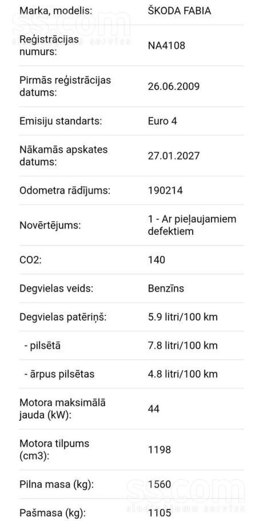 Черный Шкода Фабия 2009 в Екабпилс, объемом двигателя 1.20 л и пробегом 190 тыс. км за 2200 €, фото 2 на AUTOMOTO.COM.LV