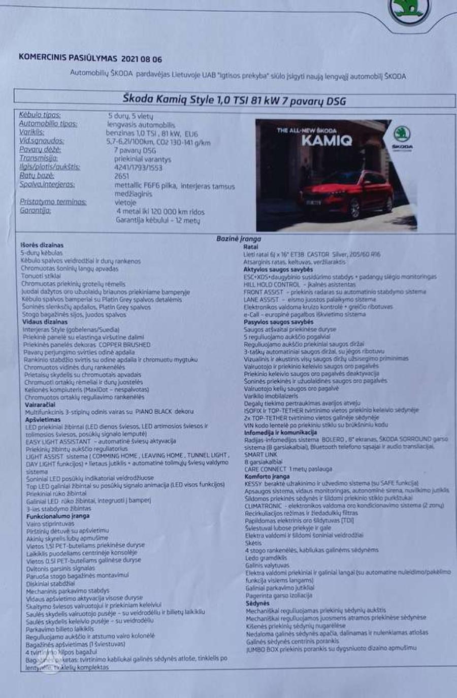 Grey Skoda KAMIQ 2021 in Kelme, with an engine capacity of 1.00 L and mileage of 61 thousand km for 17990 €, photo 13 on AUTOMOTO.COM.LV