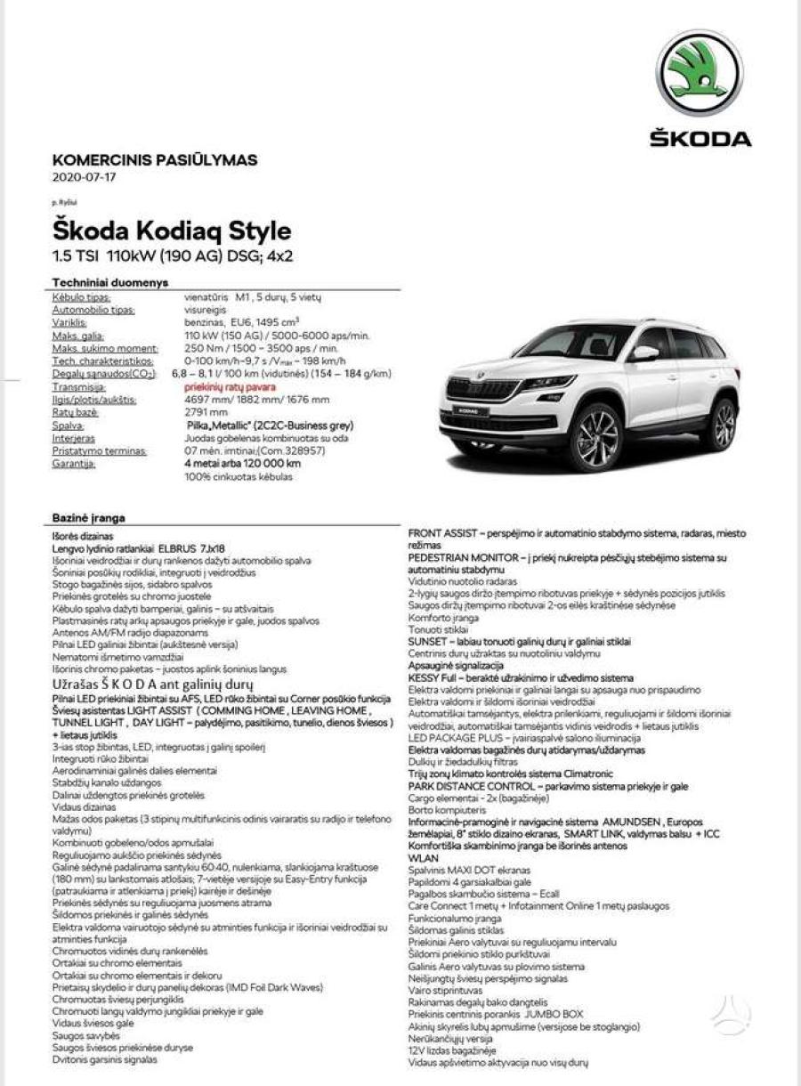 Серый Шкода Kodiaq 2020 в Вильнюс, объемом двигателя 1.50 л и пробегом 124 тыс. км за 22800 €, фото 19 на AUTOMOTO.COM.LV