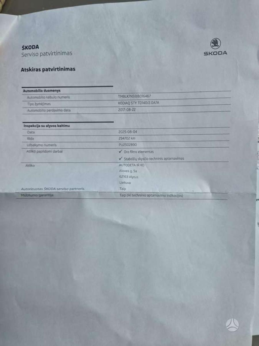 White Skoda Kodiaq 2017 in Alytus, with an engine capacity of 1.97 L and mileage of 327 thousand km for 15300 €, photo 17 on AUTOMOTO.COM.LV