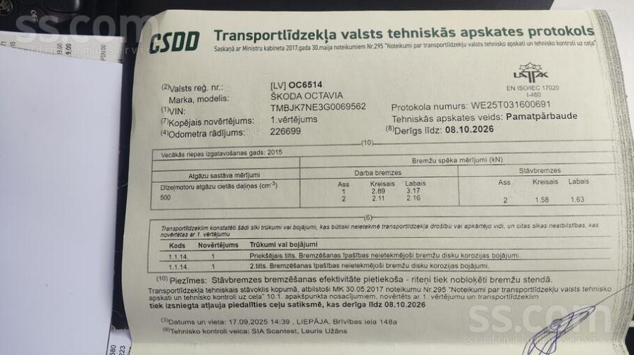Black Skoda Octavia 2015 in Liepaja, with an engine capacity of 2.00 L and mileage of 227 thousand km for 8500 €, photo 17 on AUTOMOTO.COM.LV