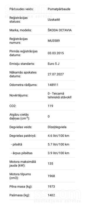 Black Skoda Octavia 2015 in Riga, with an engine capacity of 2.00 L and mileage of 149 thousand km for 10900 €, photo 12 on AUTOMOTO.COM.LV