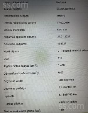 Черный Шкода Октавия 2016 в Огре, объемом двигателя 2.00 л и пробегом 199 тыс. км за 9900 €, фото 5 на AUTOMOTO.COM.LV
