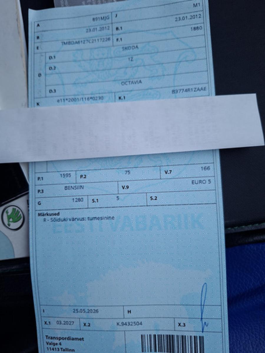 Синий Шкода Октавия 2012 в Вильянди, объемом двигателя 1.60 л и пробегом 268 тыс. км за 1500 €, фото 7 на AUTOMOTO.COM.LV