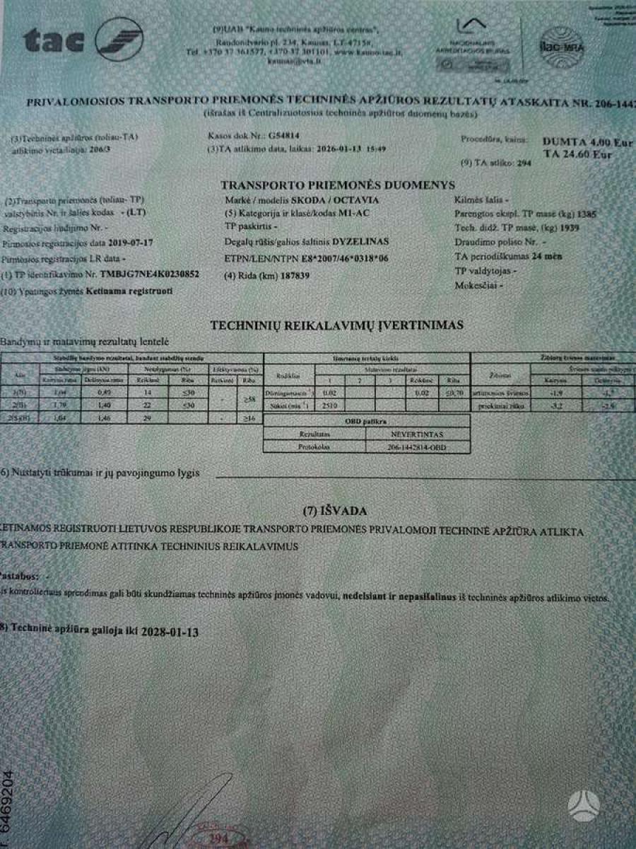 Grey Skoda Octavia 2019 in Kaunas, with an engine capacity of 1.60 L and mileage of 187 thousand km for 9090 €, photo 40 on AUTOMOTO.COM.LV