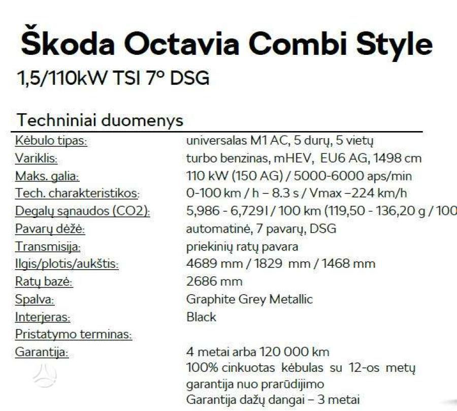 Серый Шкода Октавия 2024 в Вильнюс, объемом двигателя 1.50 л и пробегом 35 тыс. км за 22900 €, фото 16 на AUTOMOTO.COM.LV