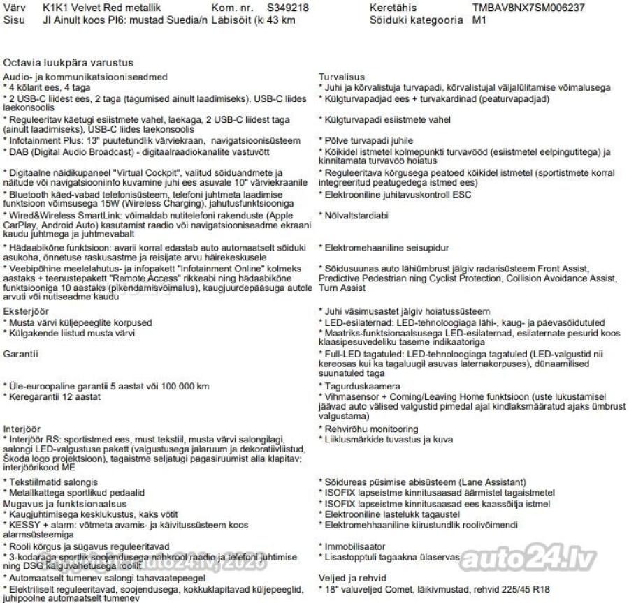 Red Skoda Octavia 2024 in Tallinn, with an engine capacity of 2.00 L and mileage of 17 thousand km for 40900 €, photo 26 on AUTOMOTO.COM.LV