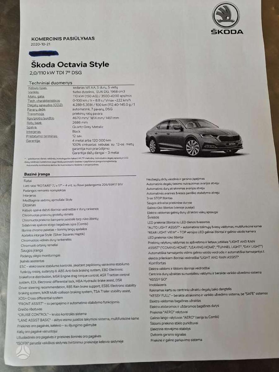 Skoda Octavia 2021 in Vilnius, with an engine capacity of 1.97 L and mileage of 64 thousand km for 22900 €, photo 7 on AUTOMOTO.COM.LV