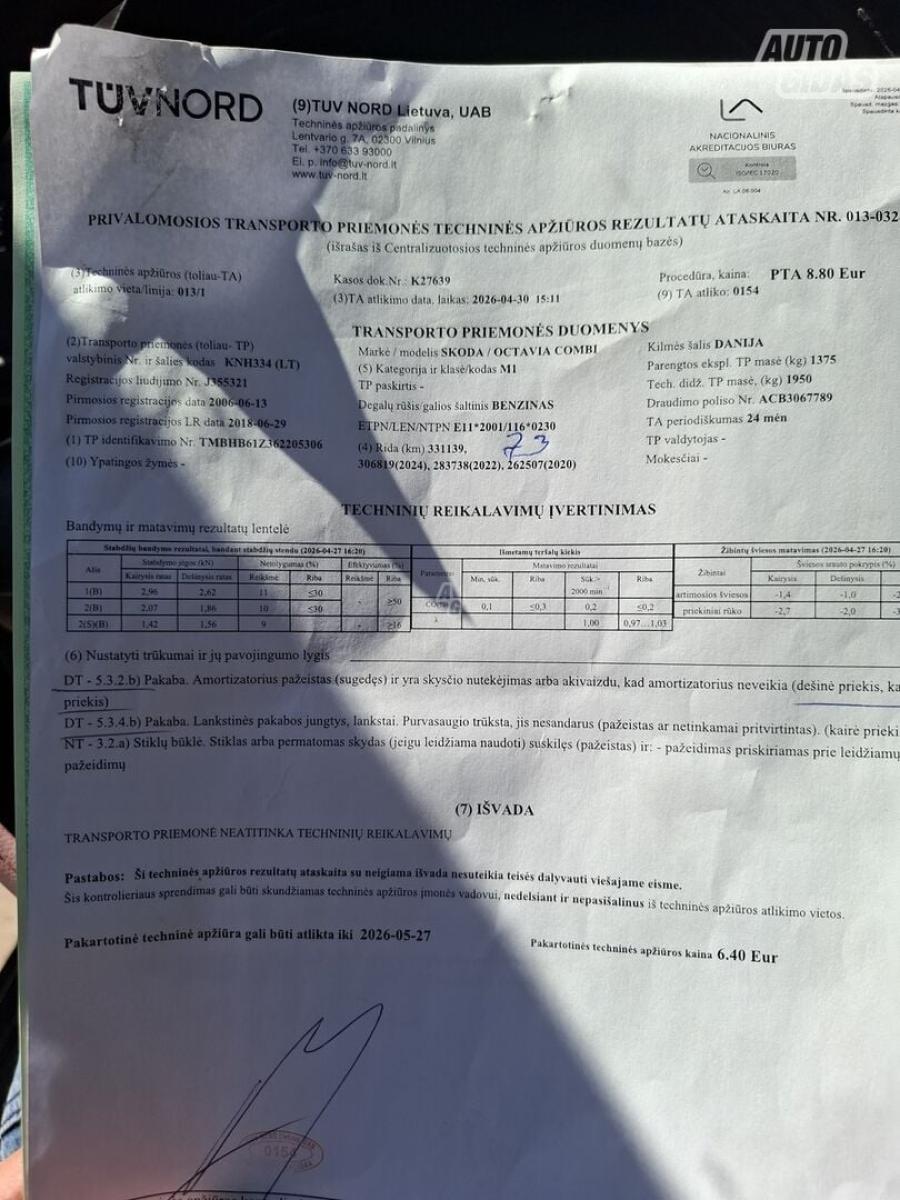 Шкода Октавия 2006 в Укмерге, объемом двигателя 1.60 л и пробегом 331 тыс. км за 1200 €, фото 13 на AUTOMOTO.COM.LV