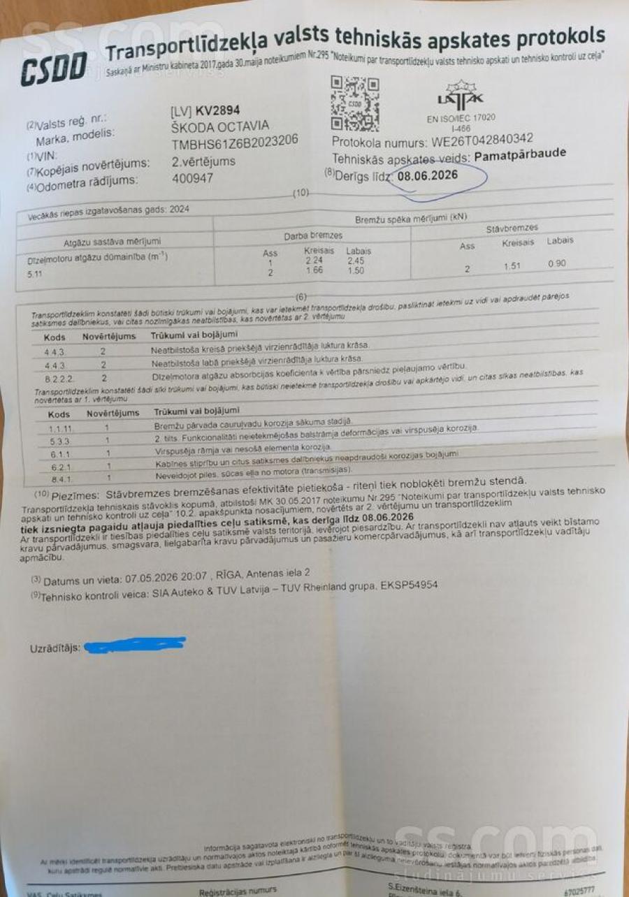 Skoda Octavia 2010 in Riga, with an engine capacity of 1.90 L and mileage of 401 thousand km for 600 €, photo 11 on AUTOMOTO.COM.LV