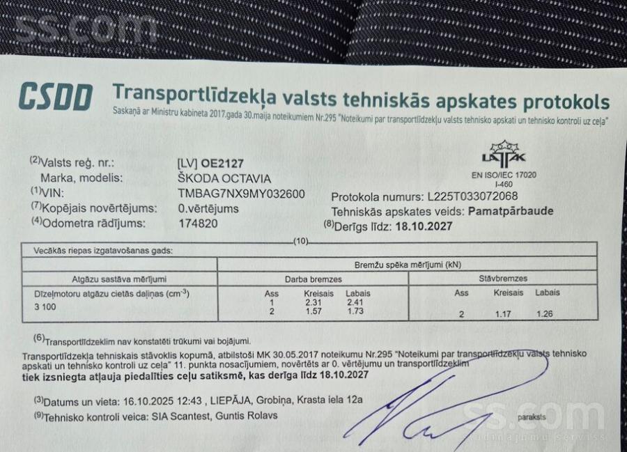 White Skoda Octavia 2020 in Liepaja, with an engine capacity of 2.00 L and mileage of 176 thousand km for 12555 €, photo 16 on AUTOMOTO.COM.LV