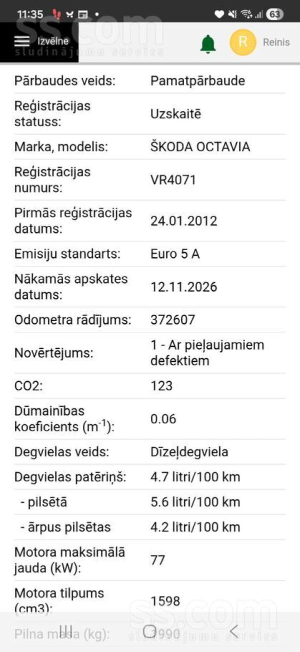 White Skoda Octavia 2012 in Jelgava, with an engine capacity of 1.60 L and mileage of 383 thousand km for 2750 €, photo 7 on AUTOMOTO.COM.LV